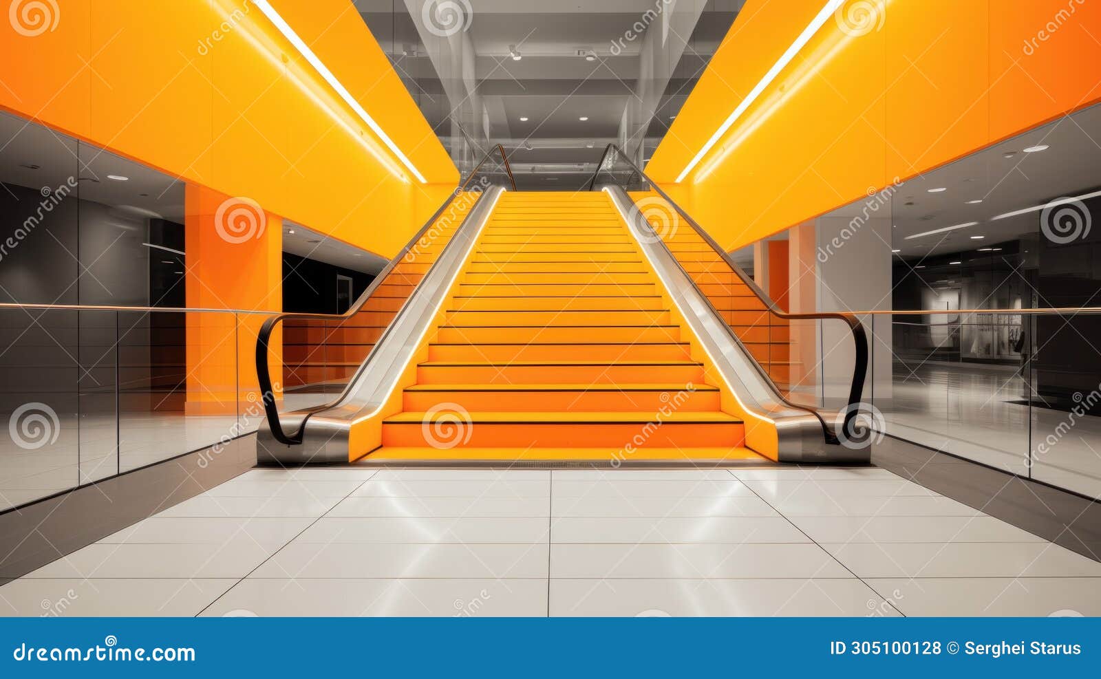 A Long Escalator in a Building with Orange Walls and Floor, AI Stock ...
