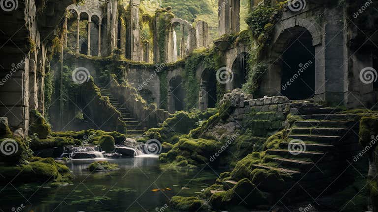 Long Exposure Captures Waterfall among Ancient Castle Ruins Stock ...