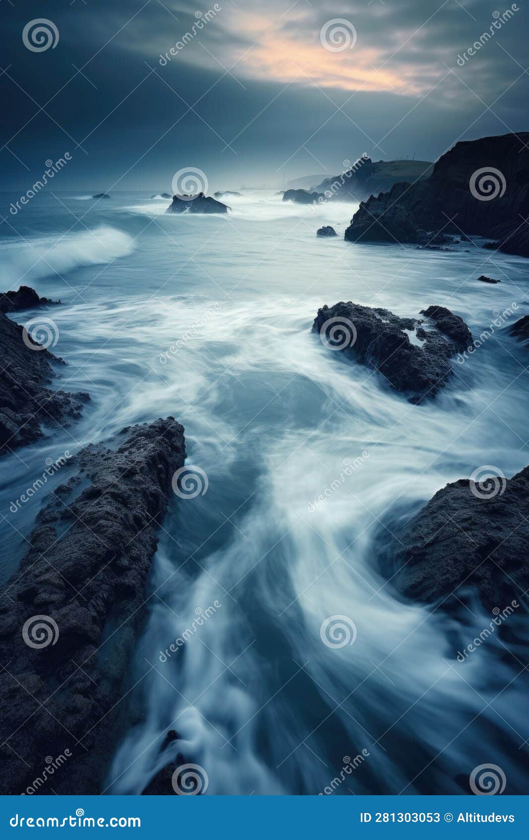 Long Exposure of Ocean Waves Creating Smooth Effect Stock Illustration ...