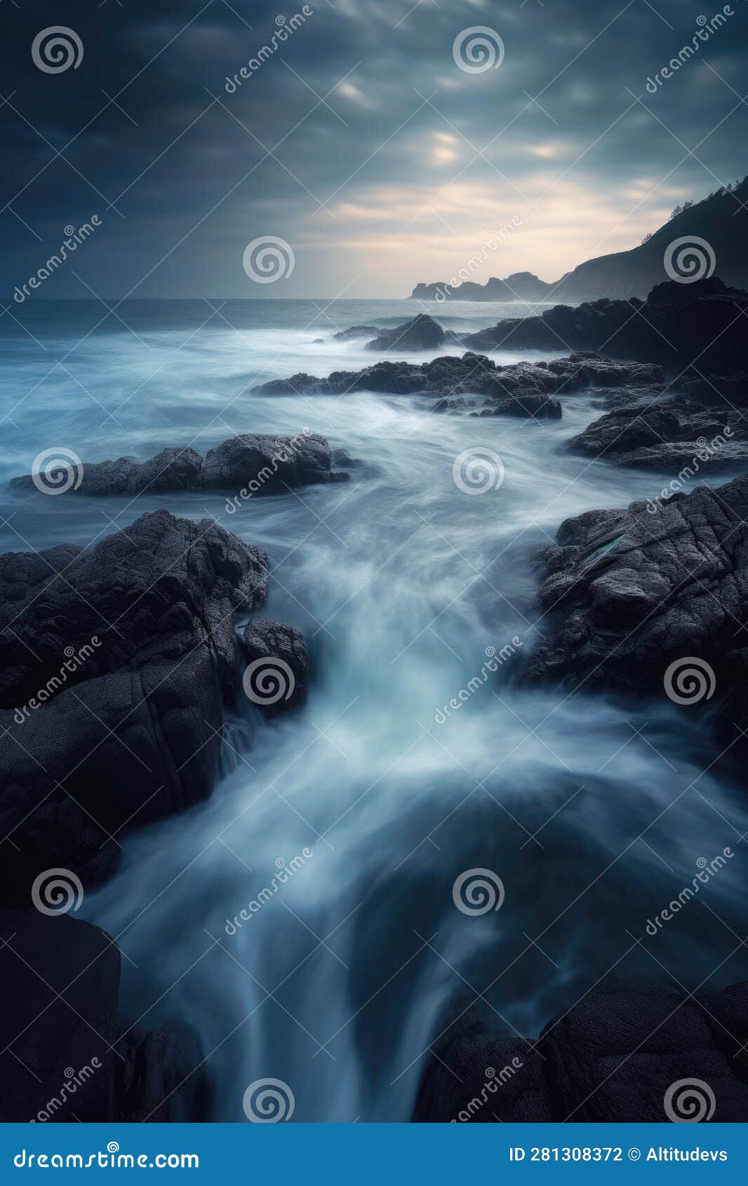 Long Exposure of Ocean Waves Creating Smooth Effect Stock Illustration ...