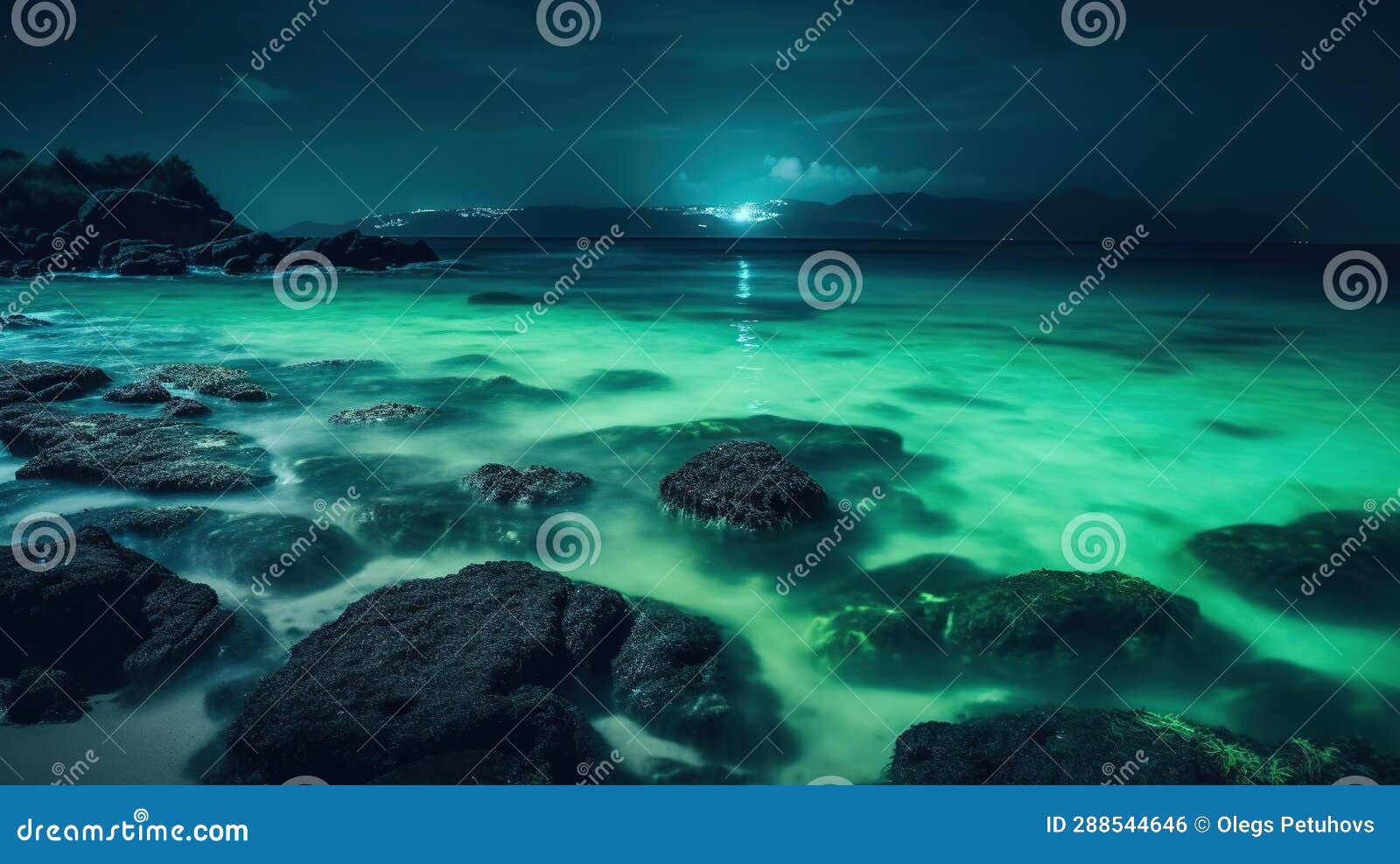 A Long Exposure Photo of the Ocean at Night with a Full Moon in the Sky ...