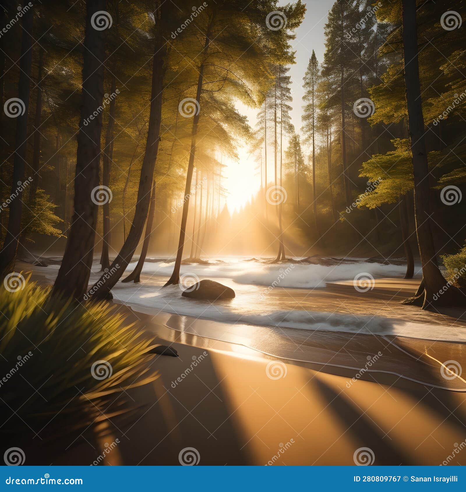 Long Exposure of the River Flowing through the Forest at Sunrise ...