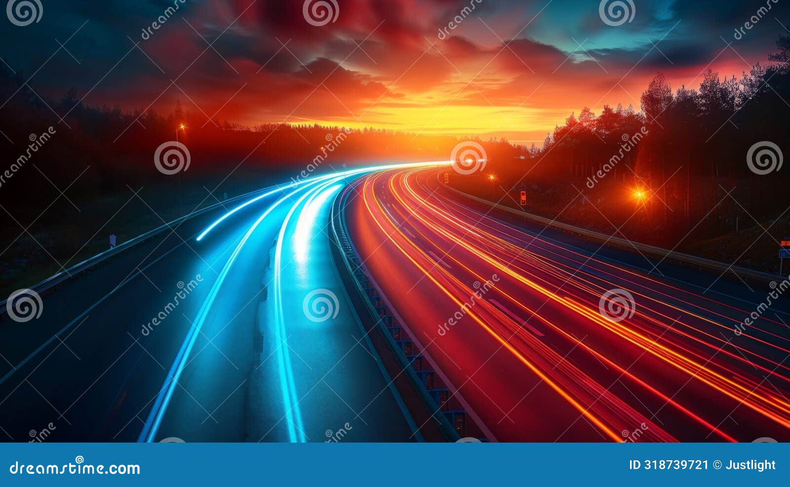 A Long Exposure Shot of Car Headlights on a Busy Highway Blurring into ...