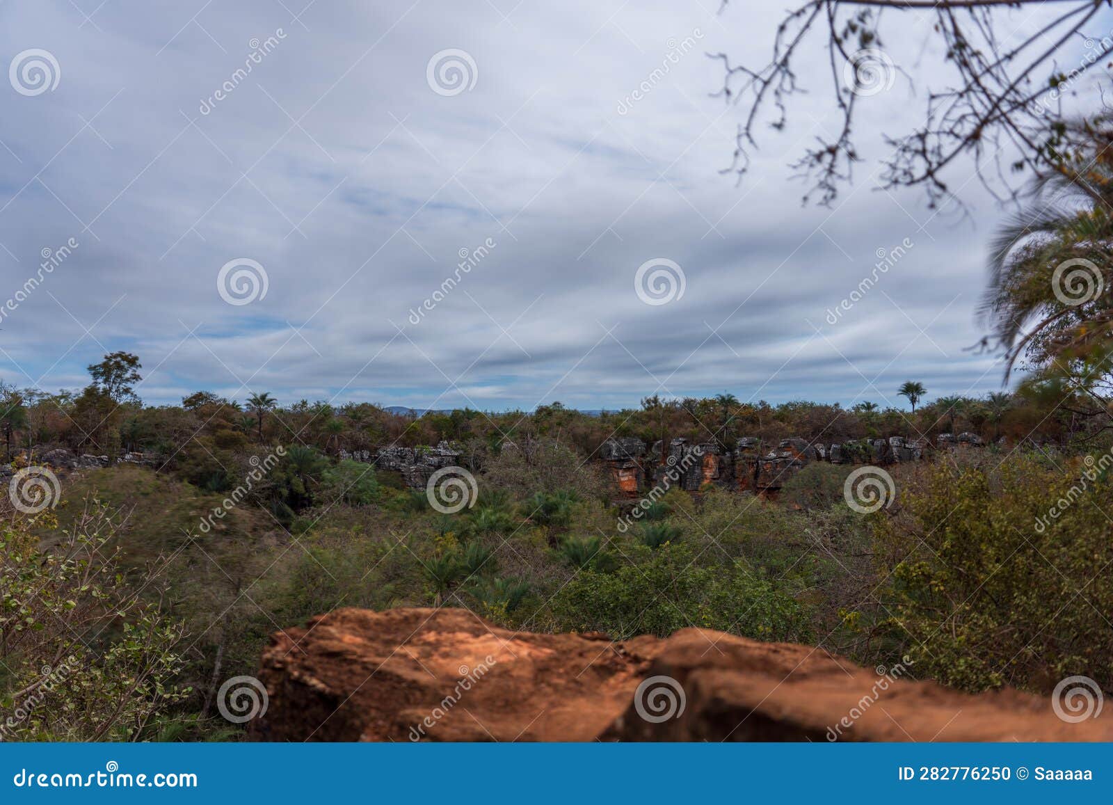 Serene Long Exposure of Cave and Forest with Silky Clouds Stock Photo ...