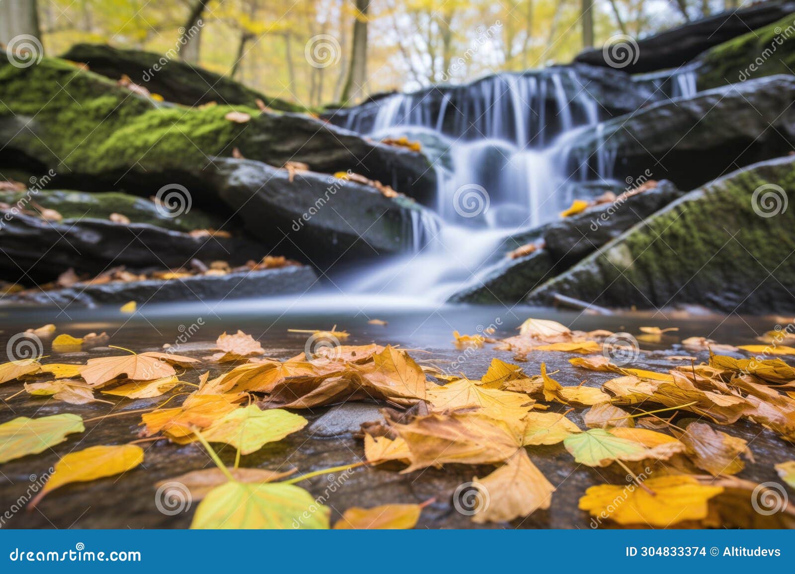 Long Exposure of Silky Waterfall with Autumn Leaves Stock Photo - Image ...
