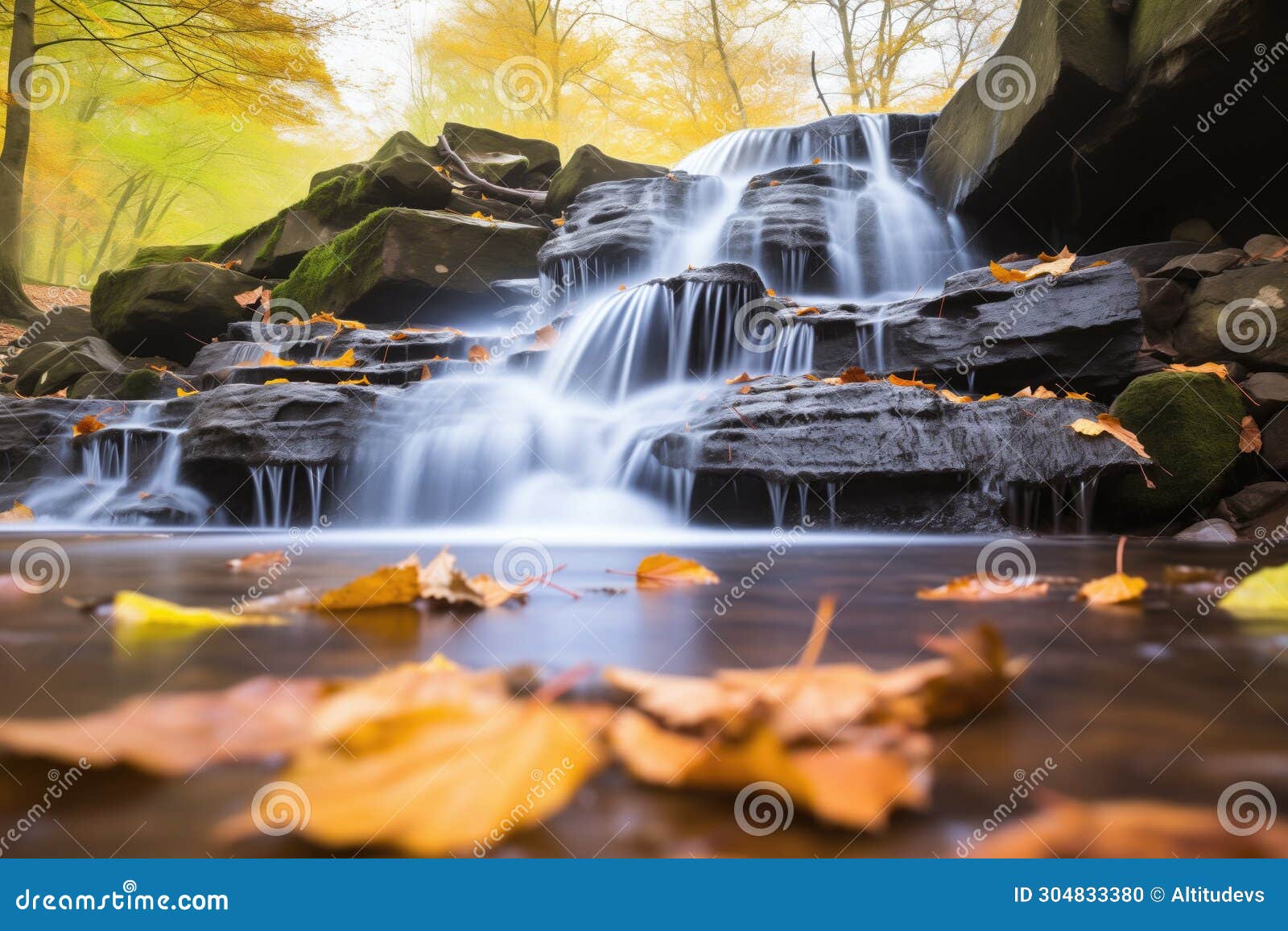 Long Exposure of Silky Waterfall with Autumn Leaves Stock Photo - Image ...