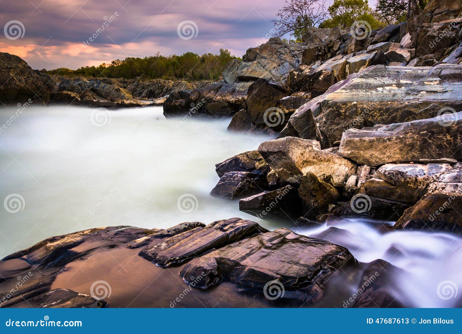 Long Exposure at Sunset of Rapids at Great Falls Park, Virginia. Stock ...