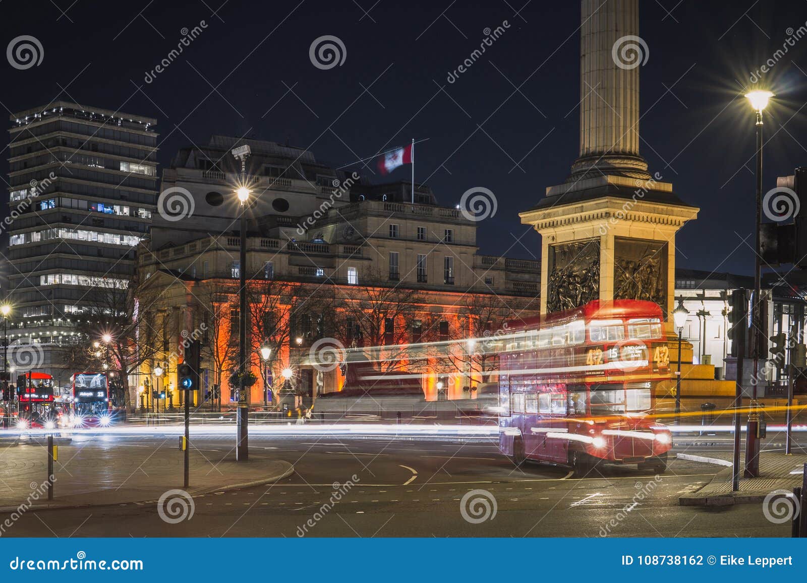 Long Exposure of Trafalgar Square with a Typical English Double Decker ...