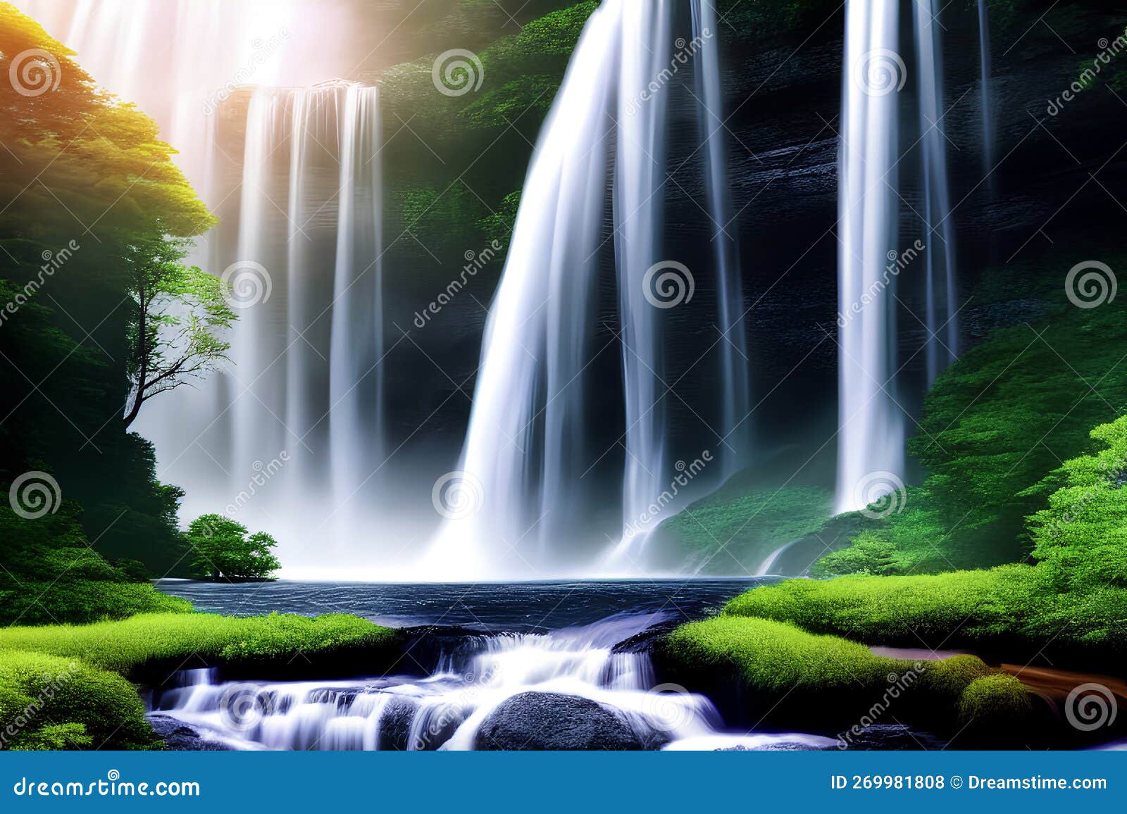 Long Exposure Waterfalls in a Deep Forest with Sun Flare. Generative AI ...