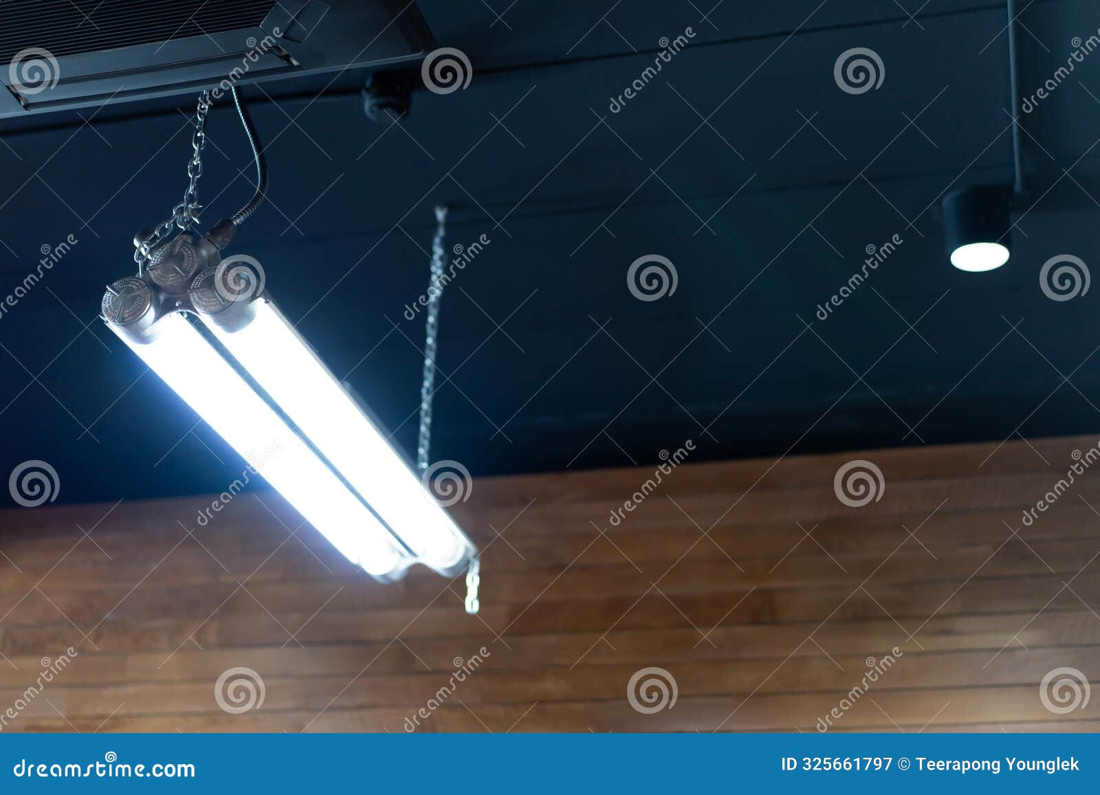 Long Fluorescent Tube ,LED Bulbs and Strips Installed on the Ceiling of ...