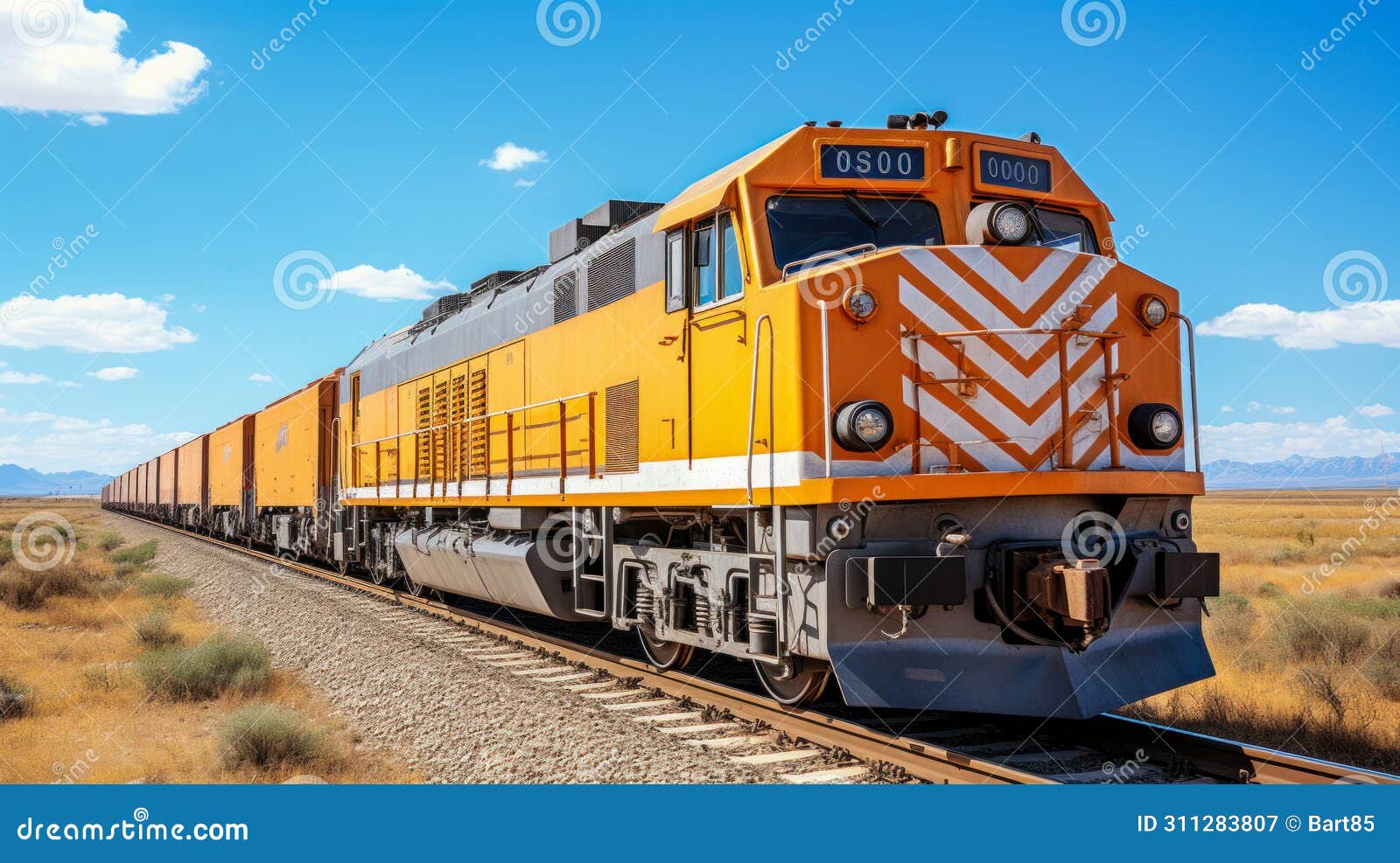 Long Freight Train Locomotive with Freight on Sunny Day with Blue Sky ...