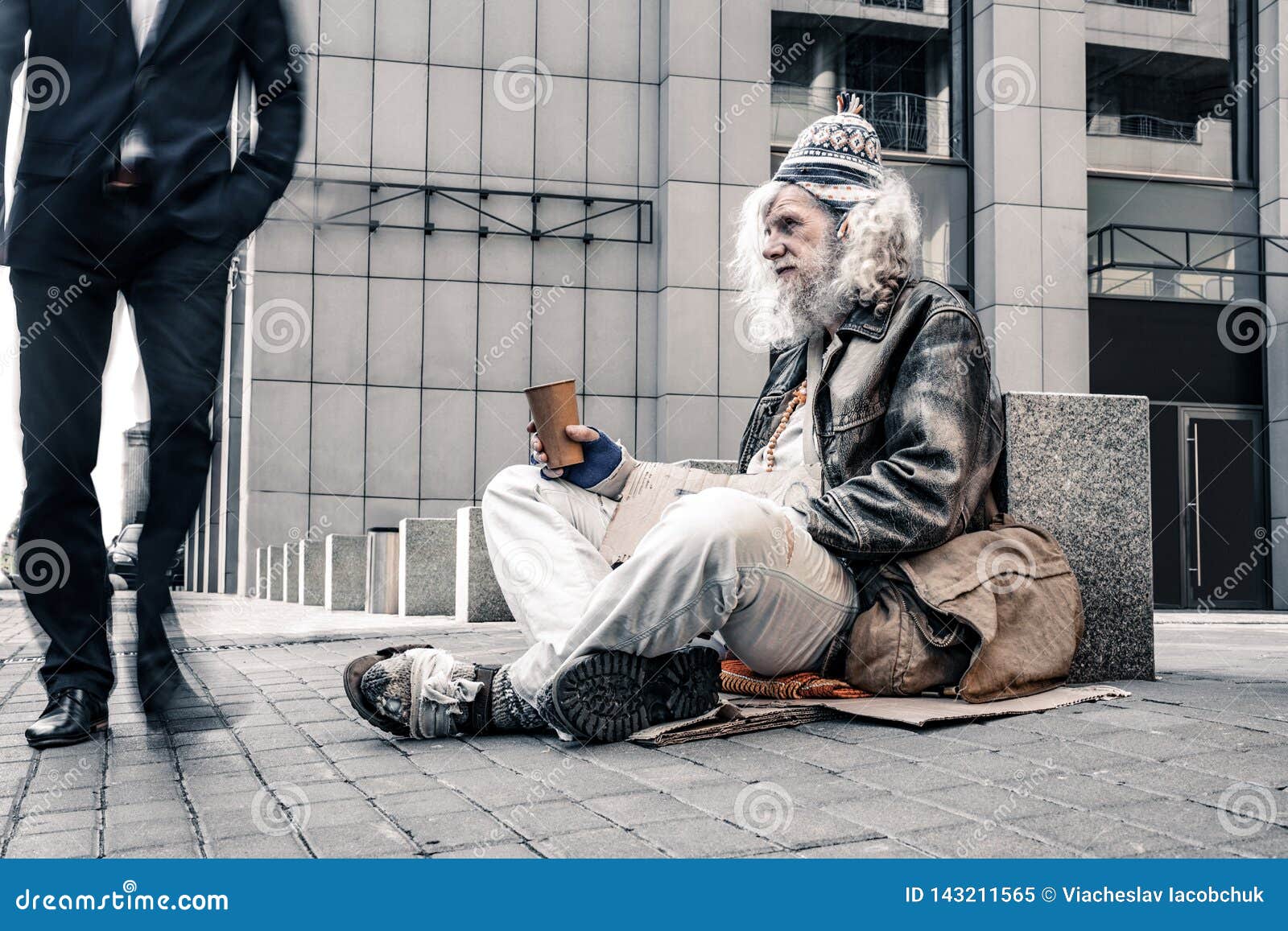 Miserable Grey-haired Old Homeless Motionlessly Sitting on Cold Ground ...