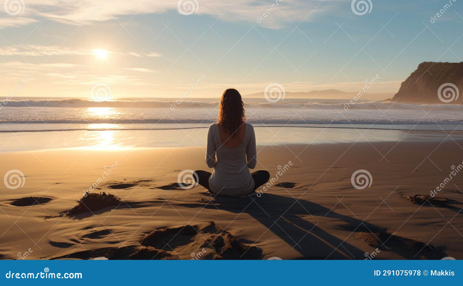 Long Haired Woman Practicing Mindfulness and Meditation on the Beach ...