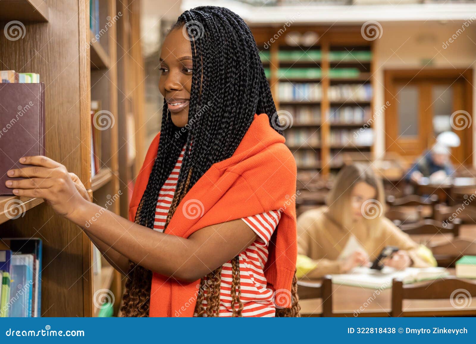Long-haired Young African American Woman in the Library Stock Photo ...