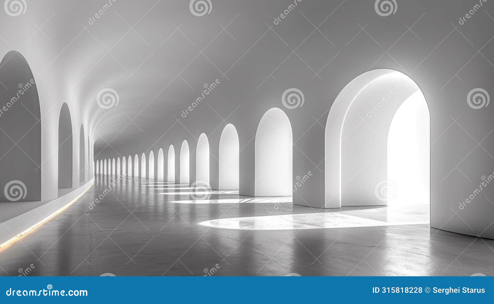 A Long Hallway With Arched Windows And Light Coming Through, AI Stock ...