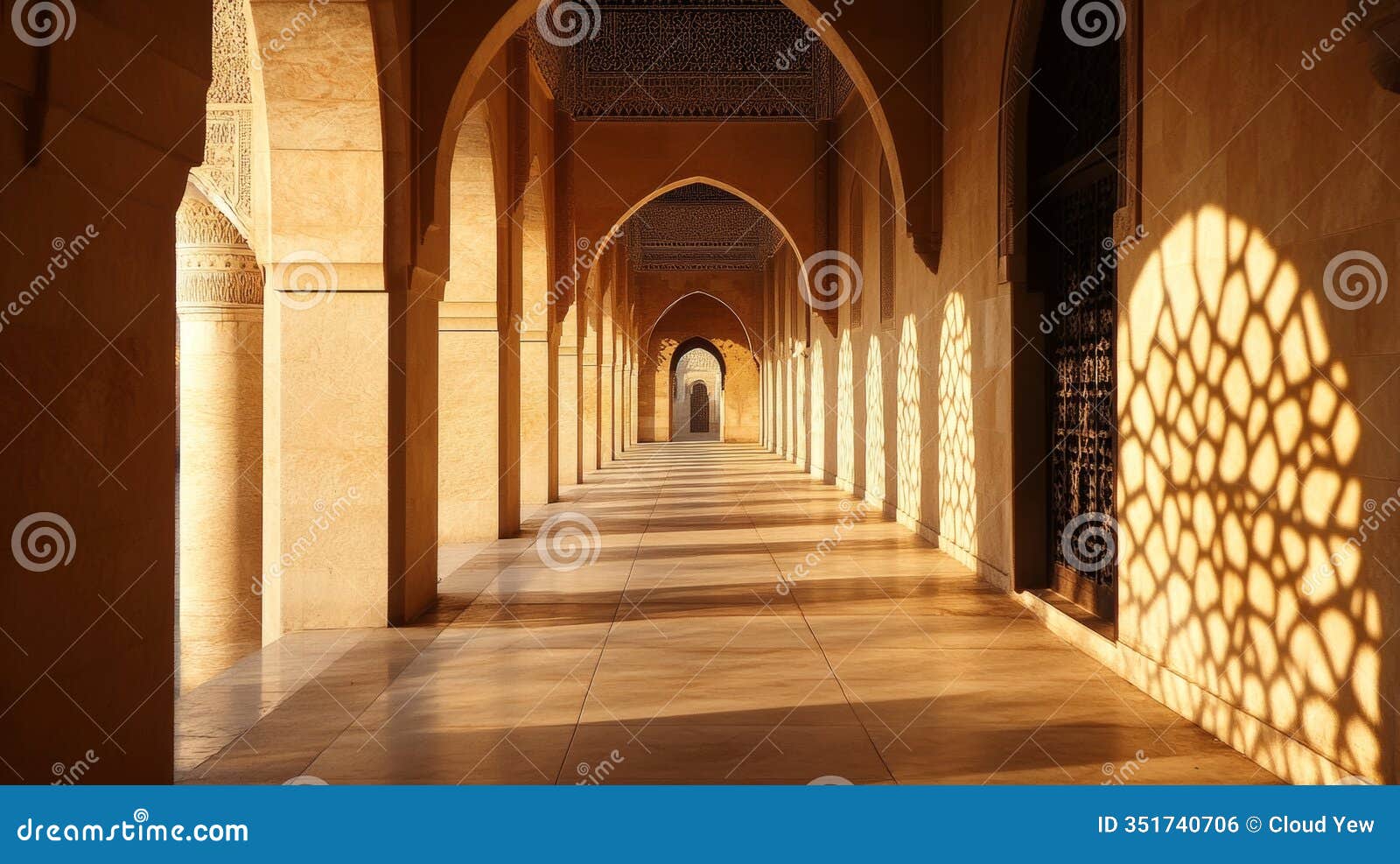 A Long Hallway with Arched Windows and a Shadow on the Floor Stock ...