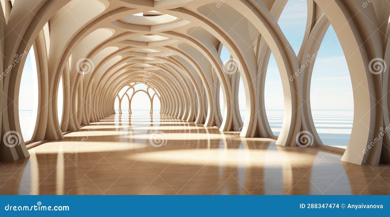 A Long Hallway with Arches Leading To the Ocean. Stock Illustration ...