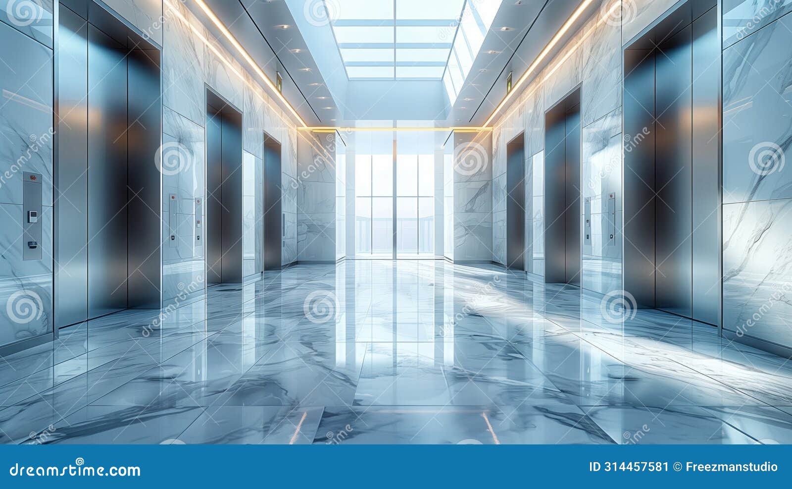 A Long Hallway in an Azure Building with Multiple Elevators Stock Image ...