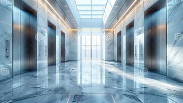 A Long Hallway in an Azure Building with Multiple Elevators Stock Image ...