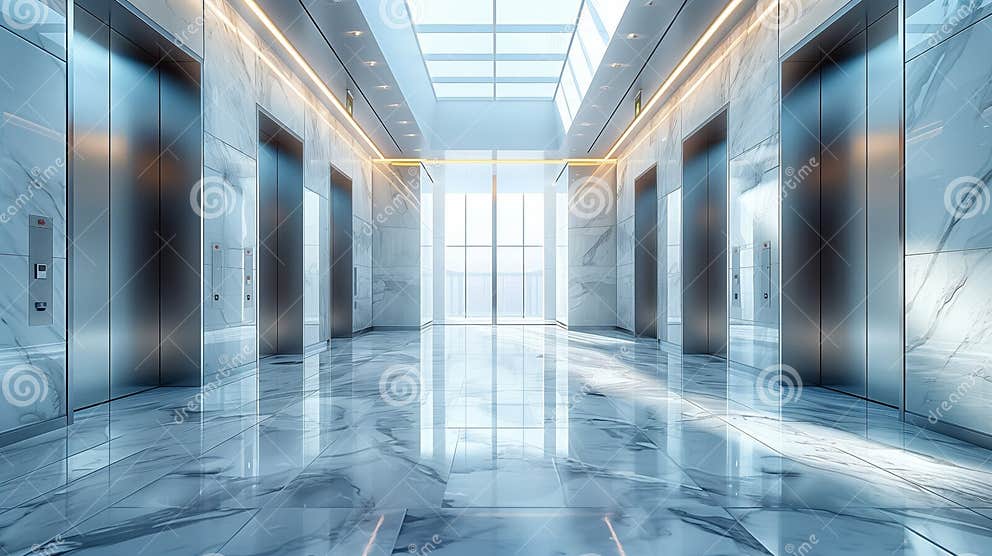 A Long Hallway in an Azure Building with Multiple Elevators Stock Image ...