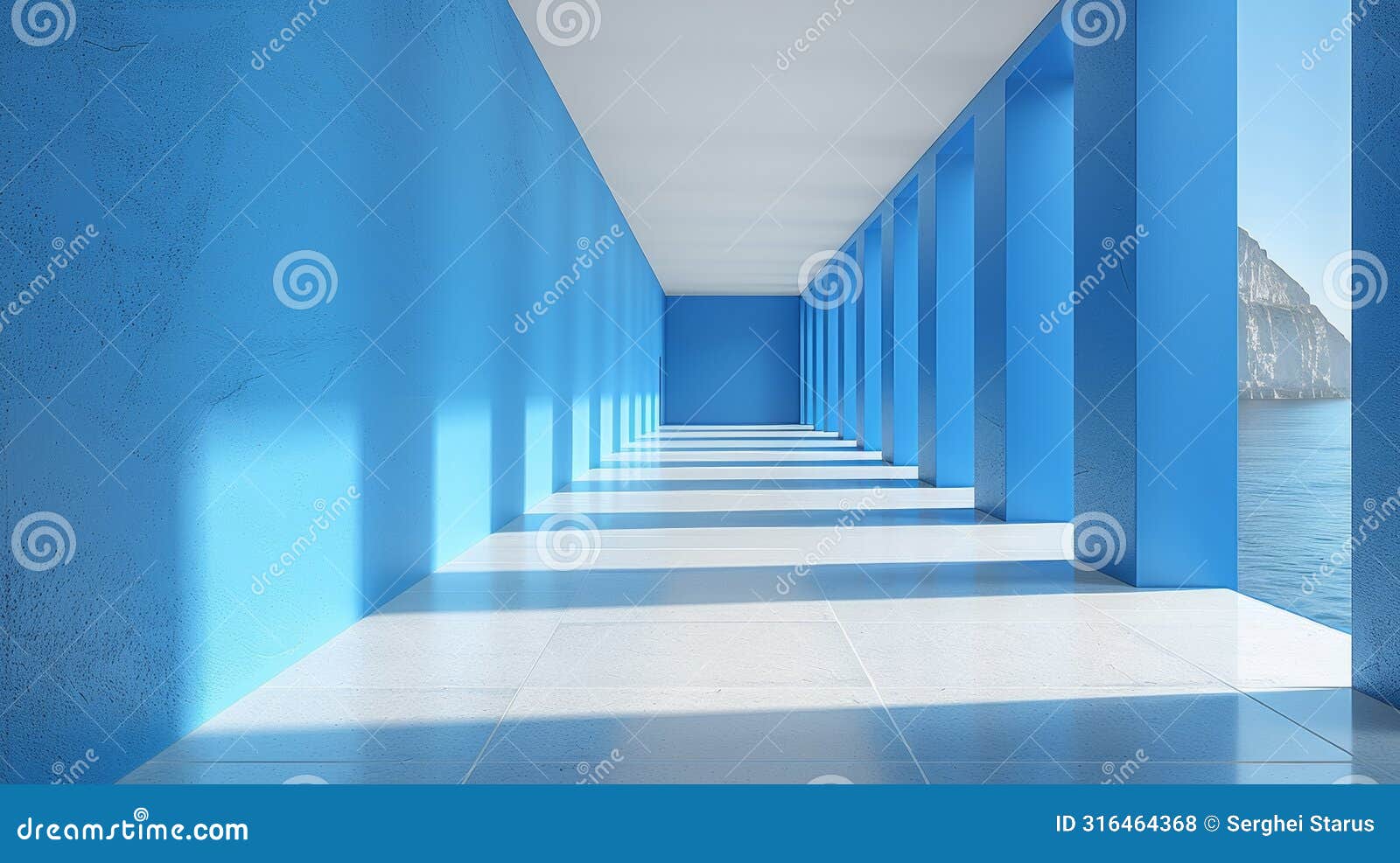 A Long Hallway with Blue Walls and a Window Overlooking the Ocean, AI ...