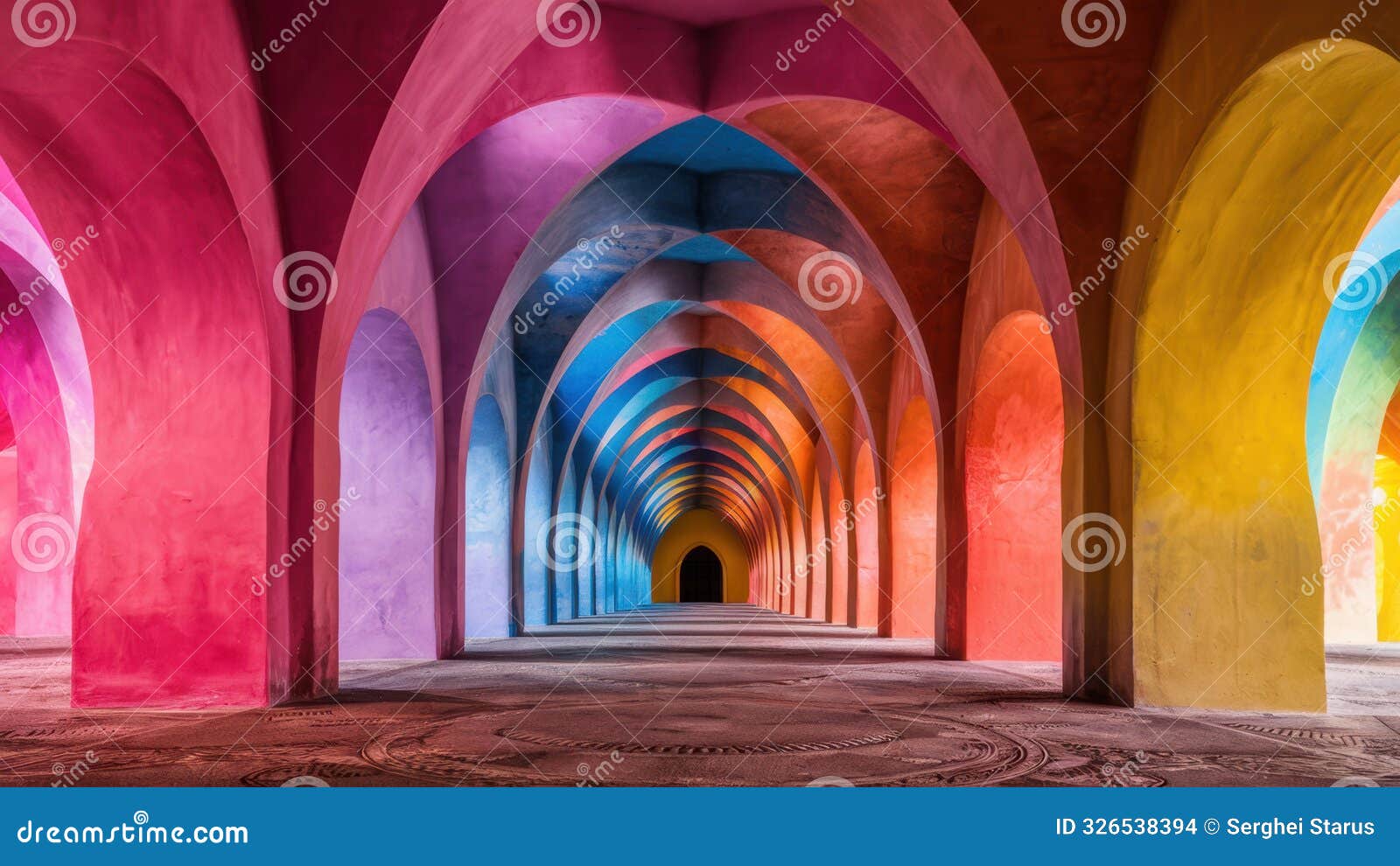 A Long Hallway with Colorful Arches and a Large Archway, AI Stock Photo ...