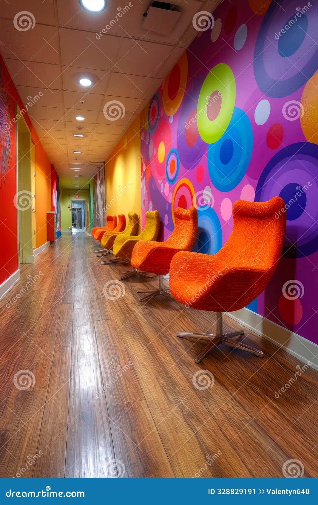 A Long Hallway with Colorful Chairs in a Waiting Room. Generative AI ...