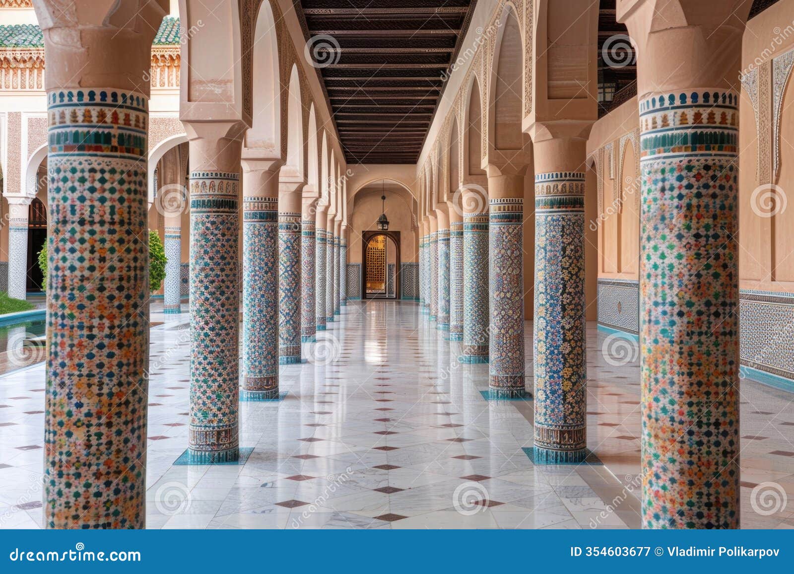 A Long Hallway with Columns and Tiled Floors, Suitable for ...