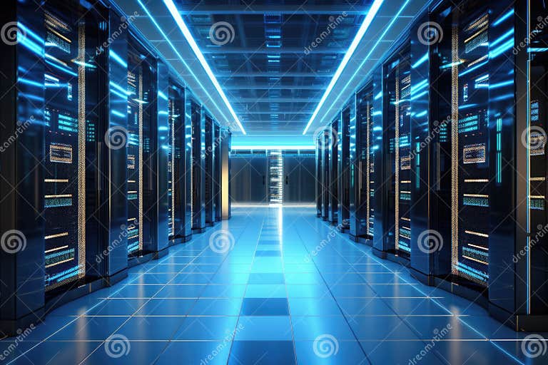 A Long Hallway in a Data Center is Filled with Rows of Servers ...