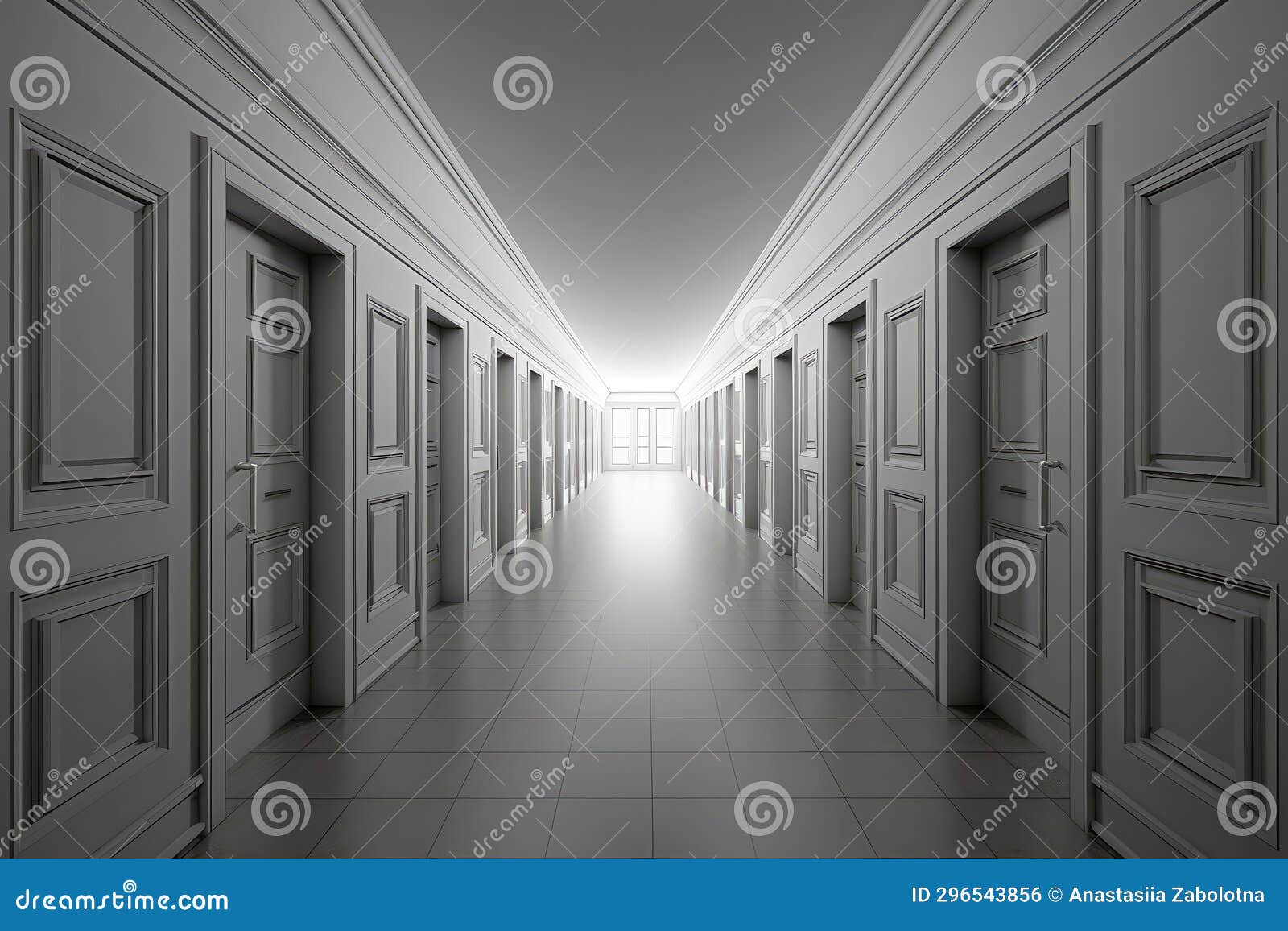 Long Hallway with Doors Gradually Getting Smaller, Displaying Linear ...