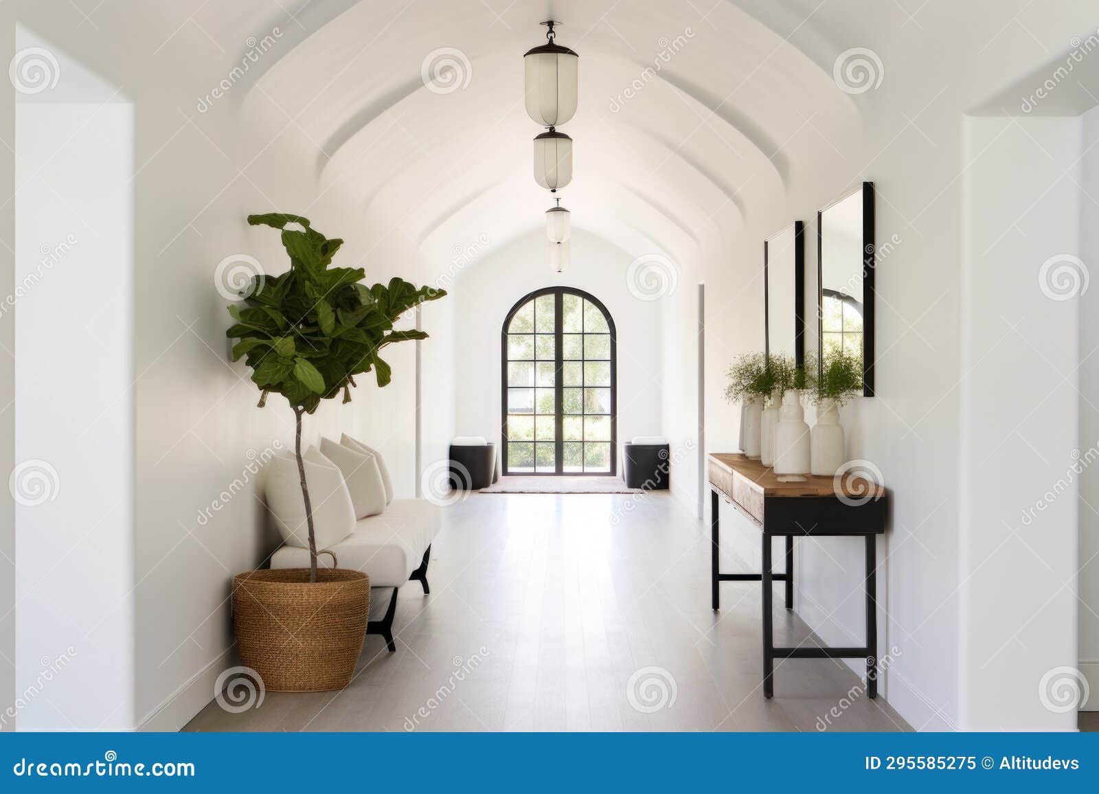 Long Hallway Entryway with Minimalistic White Walls and Ceiling Stock ...