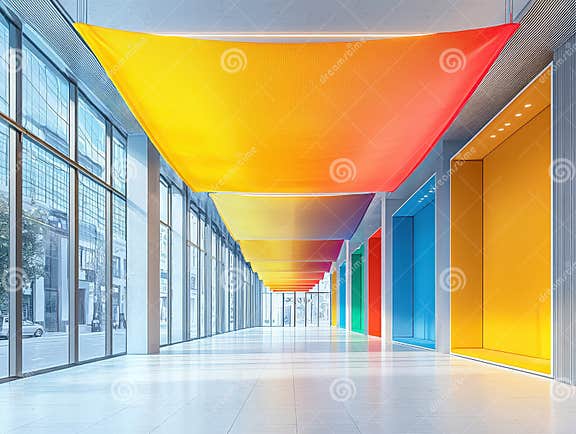 Long Hallway Featuring a Vibrant and Colorful Ceiling with Intricate ...