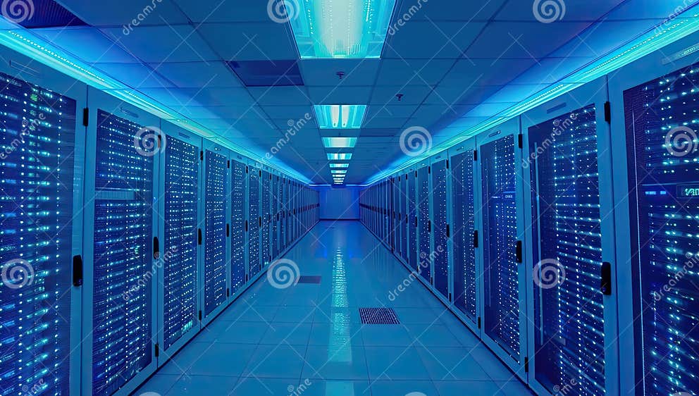 A Long Hallway is Filled with Rows of Servers in a Data Center Stock ...