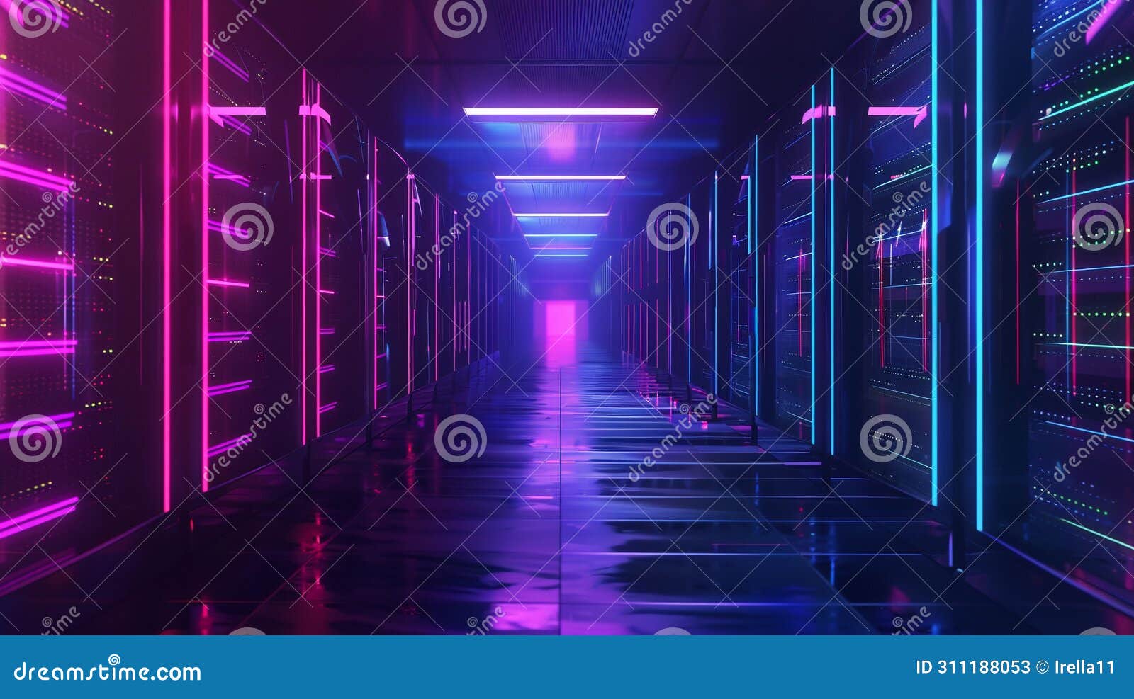Data Server Center Purple Background. a Long Hallway with Rows of ...