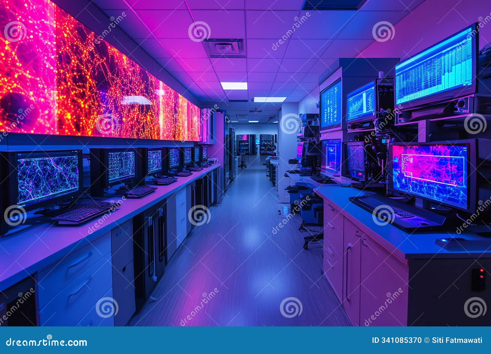 A Long Hallway Lined with Computer Workstations in a Brightly Lit ...