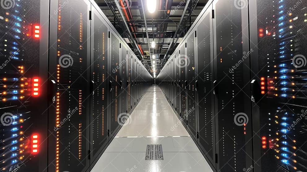 A Long Hallway Lined with Rows of Powerful Servers in a Modern Data ...