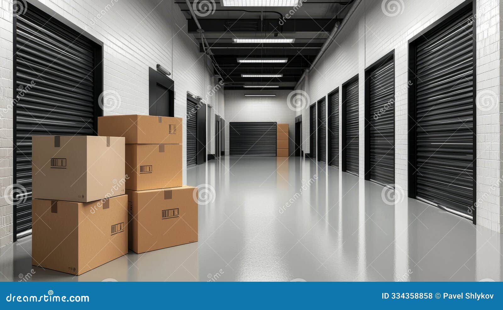 Long Hallway with Many Blue Doors Inside of a Storage Locker Facility ...