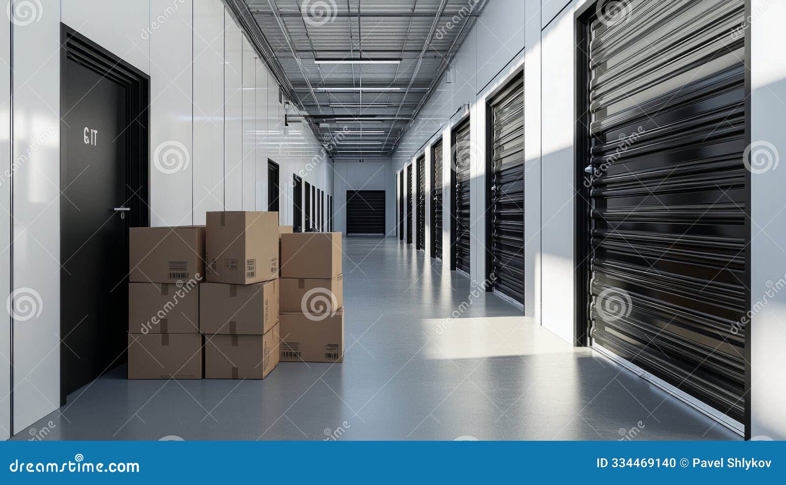 A Long Hallway with Many Blue Doors Inside of a Storage Locker Facility ...