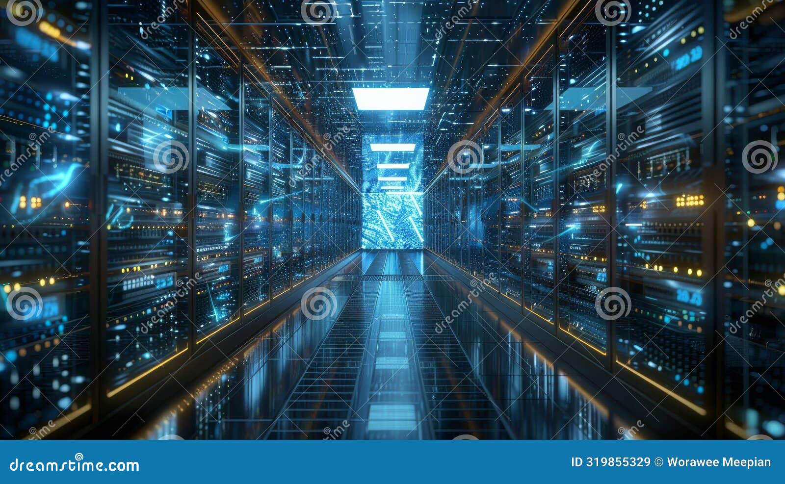 A Long Hallway with Many Computer Monitors and Lights. Futuristic ...