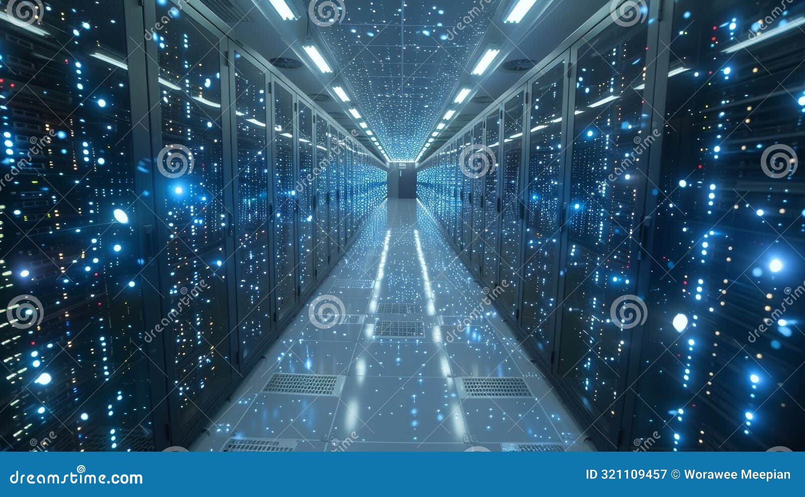 A Long Hallway with Many Computer Monitors and Lights. Futuristic ...