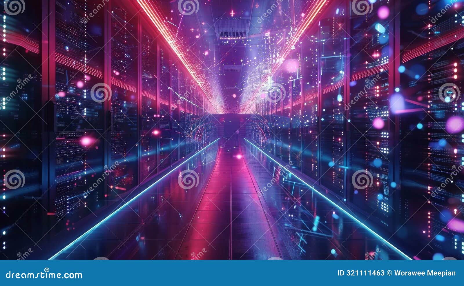A Long Hallway with Many Computer Monitors and Lights. Futuristic ...
