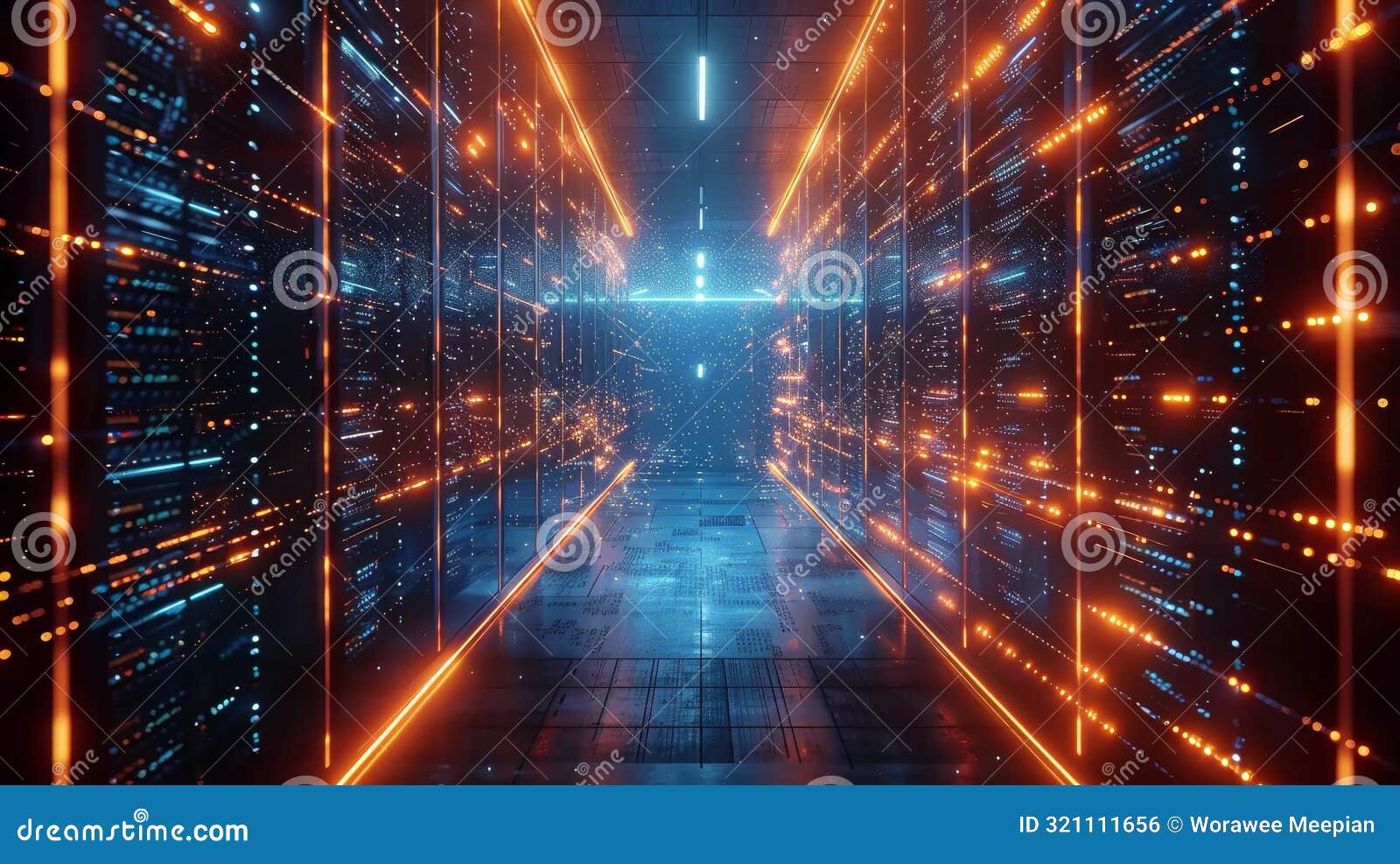 A Long Hallway with Many Computer Monitors and Lights. Futuristic ...