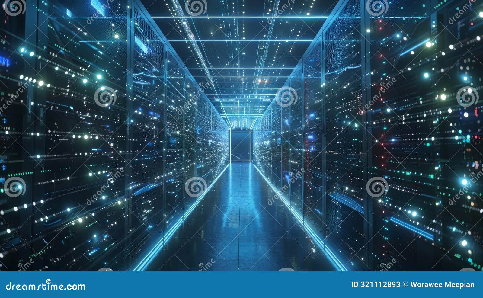 A Long Hallway with Many Computer Monitors and Lights. Futuristic ...