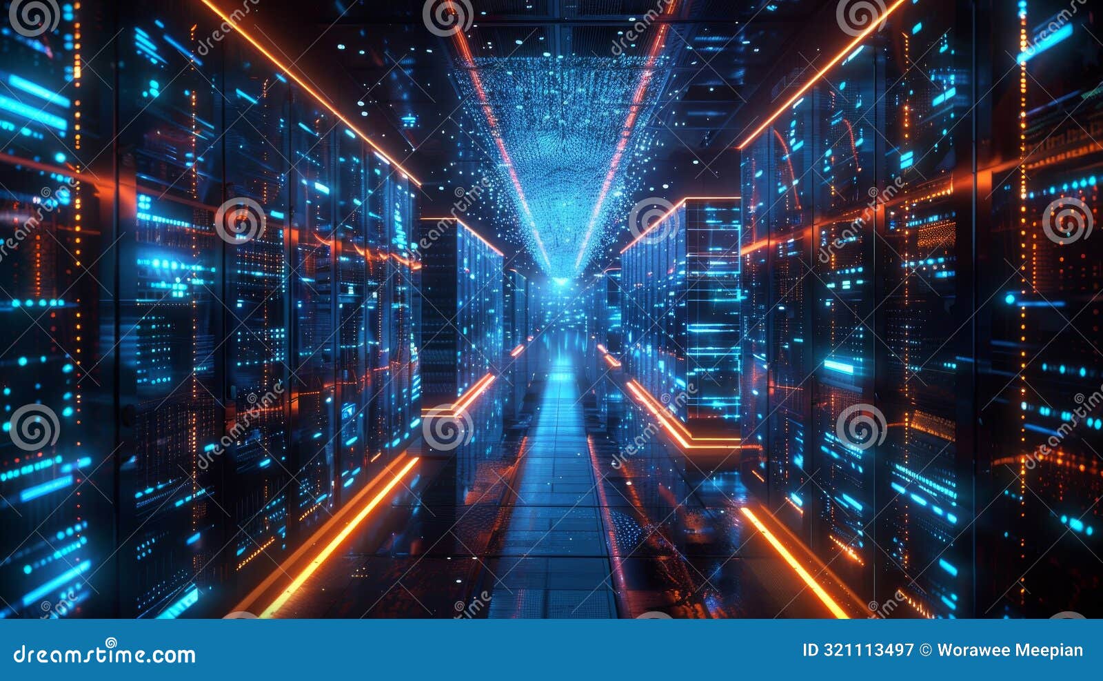 A Long Hallway with Many Computer Monitors and Lights. Futuristic ...