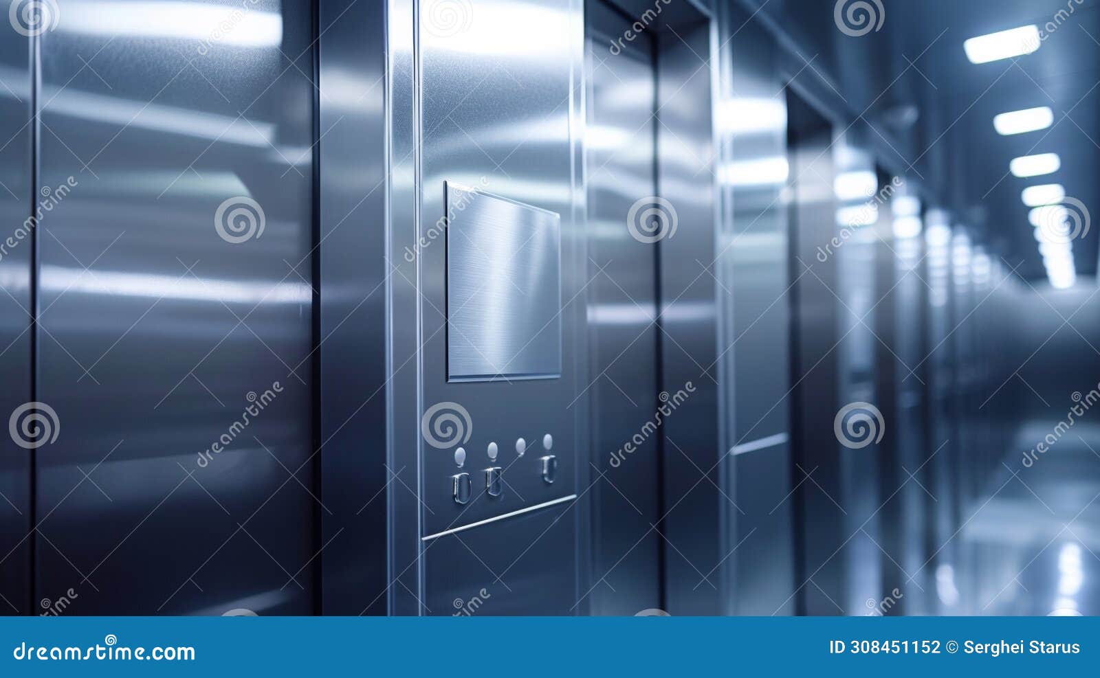 A Long Hallway with Many Elevators and Buttons on the Wall, AI Stock ...