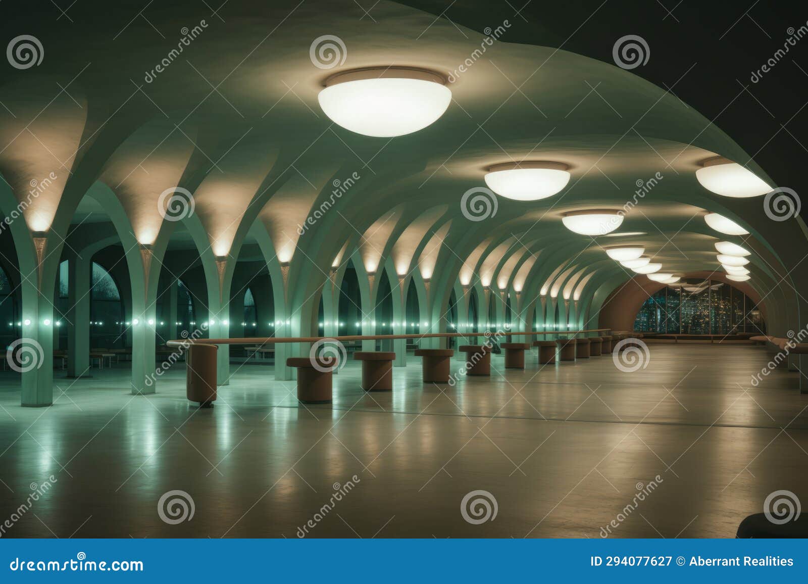A Long Hallway with Many Lights and Benches Stock Illustration ...