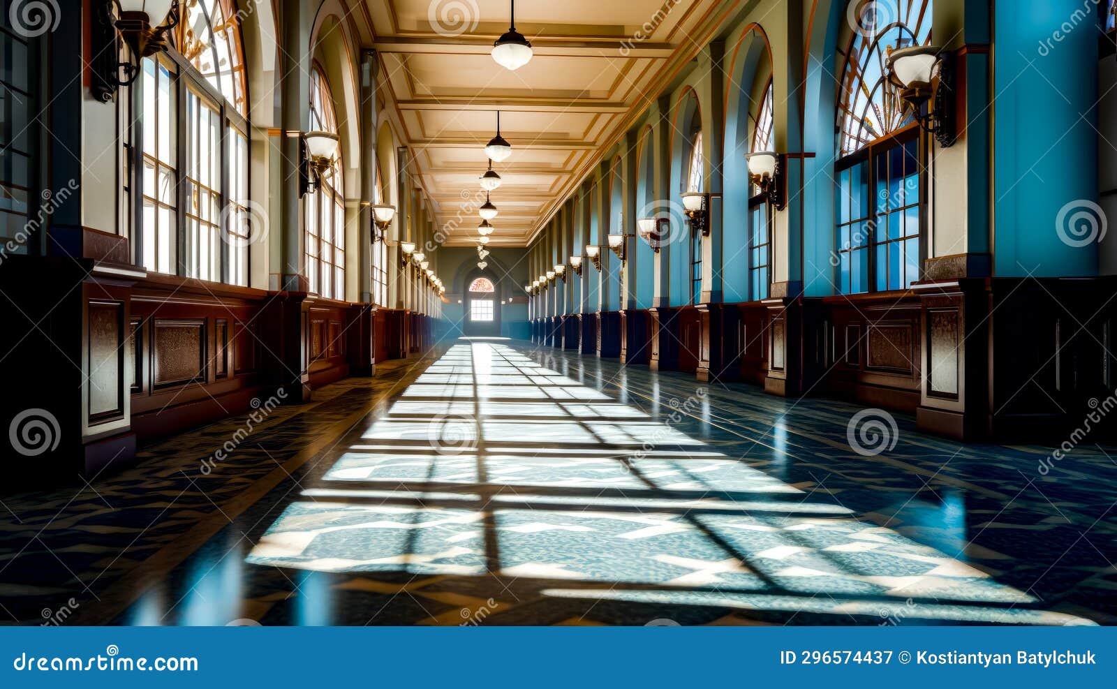 Long Hallway with Many Windows and Clock on the Side of the Wall ...