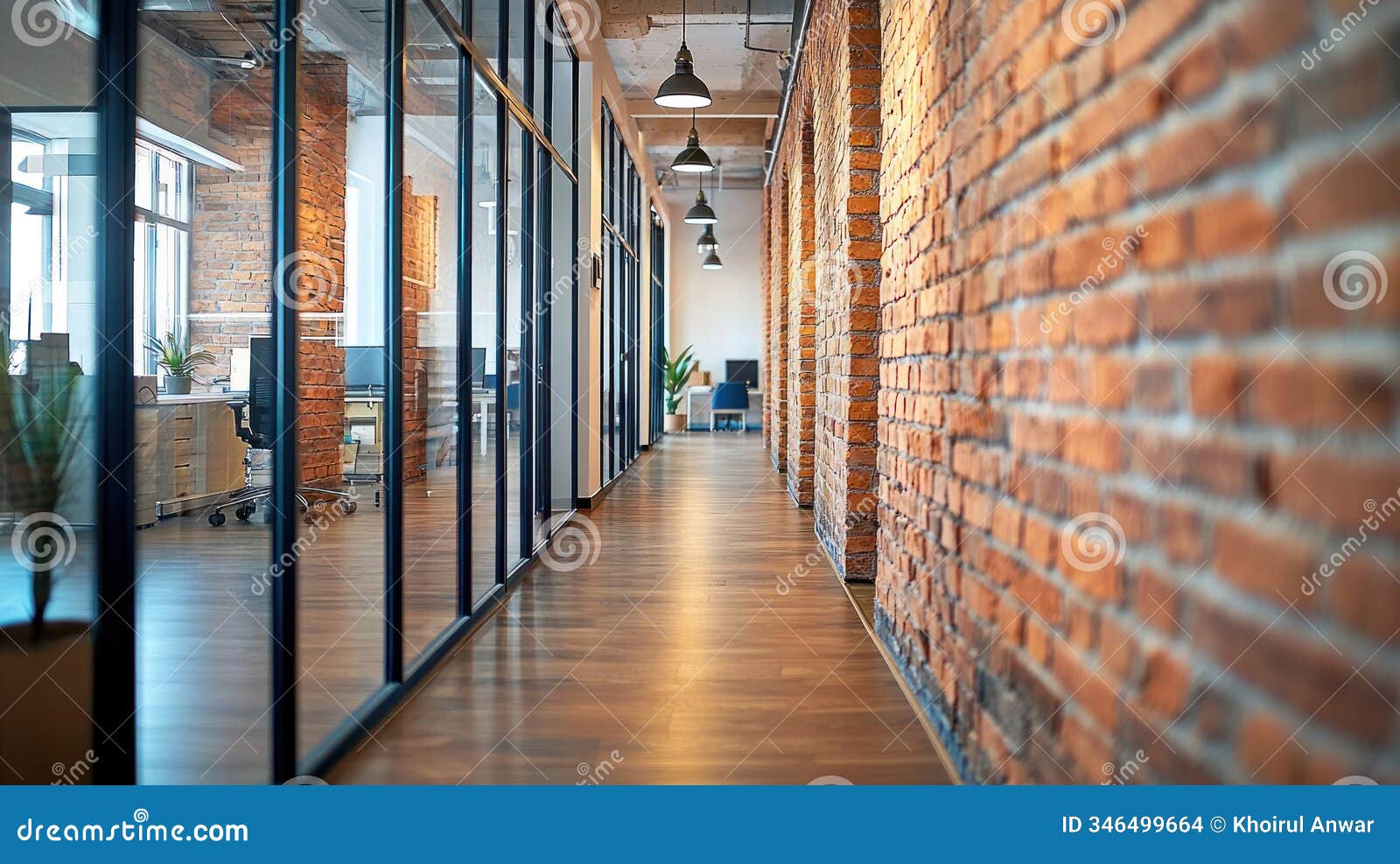 Long Hallway in a Modern Office with Exposed Brick Wall and Glass ...