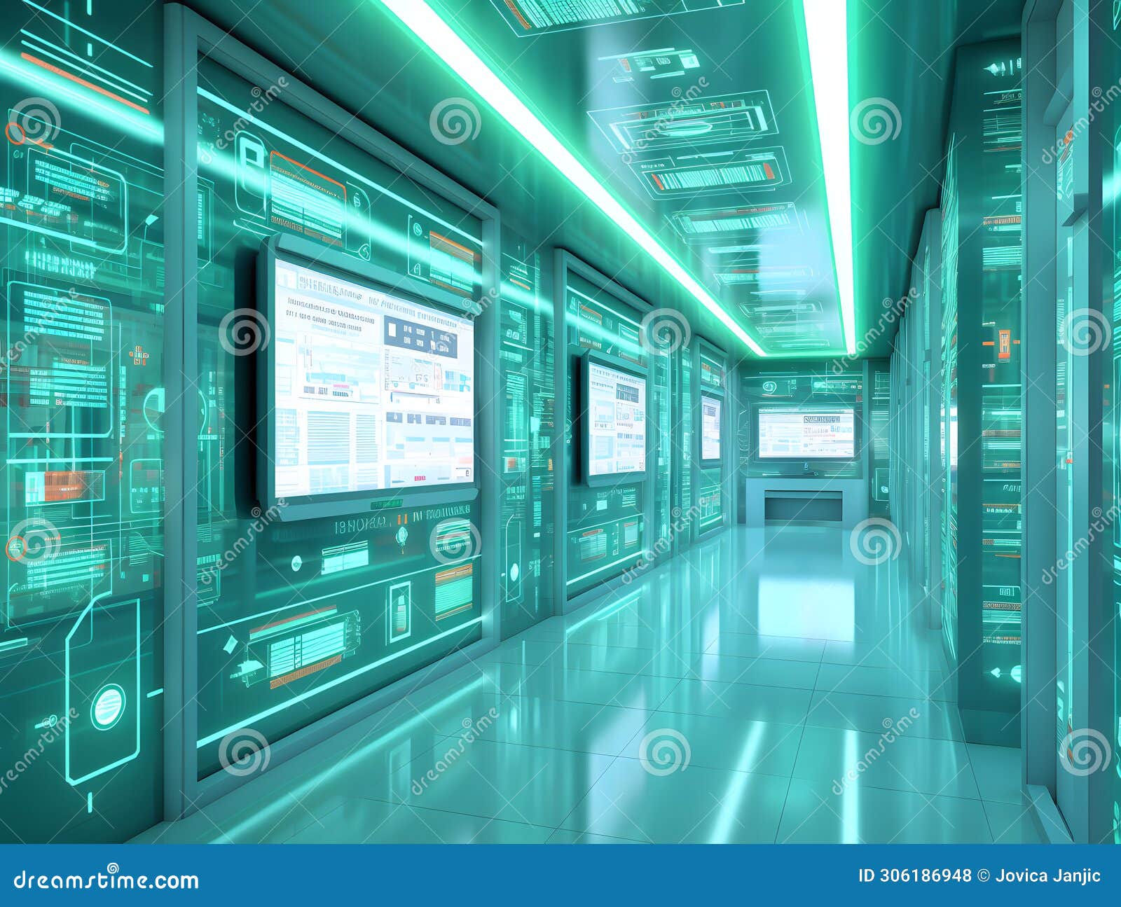A Long Hallway with Multiple Screens on the Wall Stock Illustration ...
