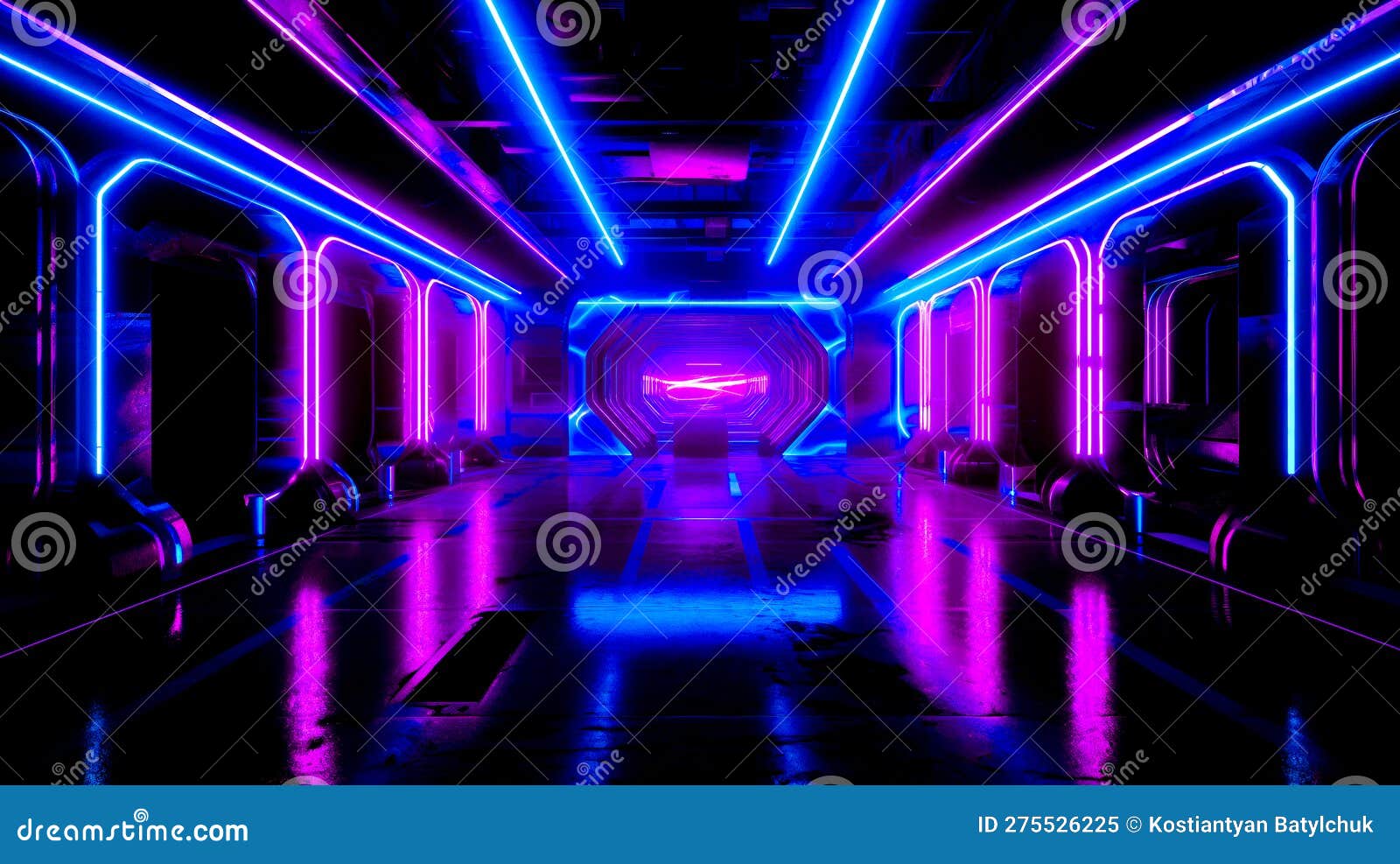 Long Hallway with Neon Lights on the Ceiling and Long Corridor between ...